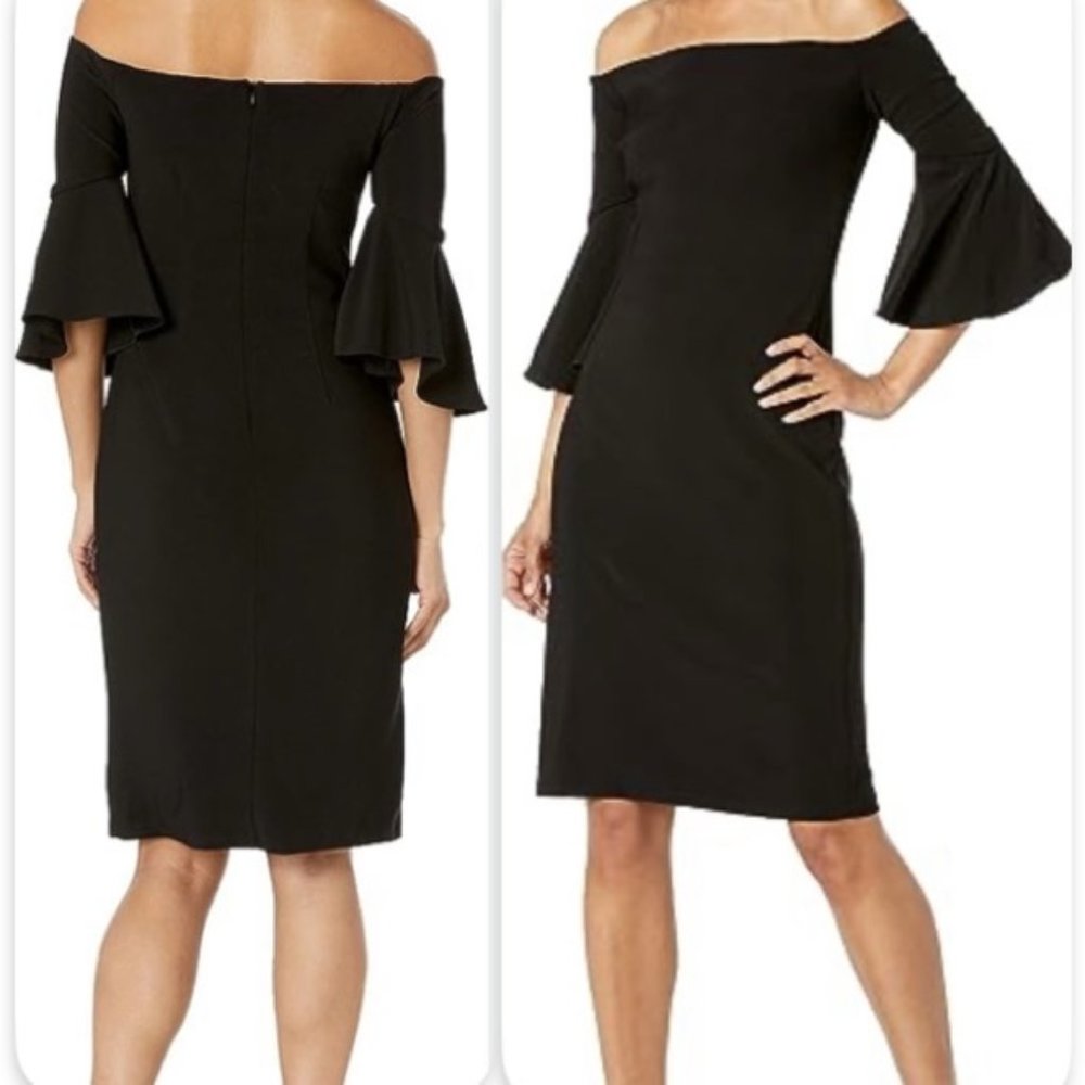 New Betsy & Adam Black Off Shoulder Knee Length Dress - Gem